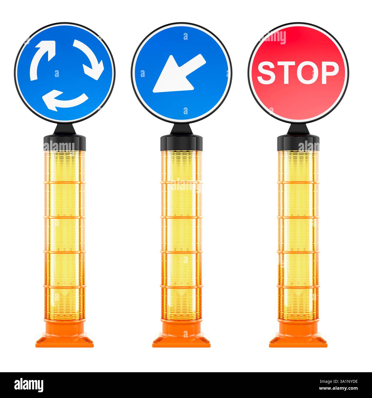 Plastic traffic pillars with road signs right side road, stop on signal ...