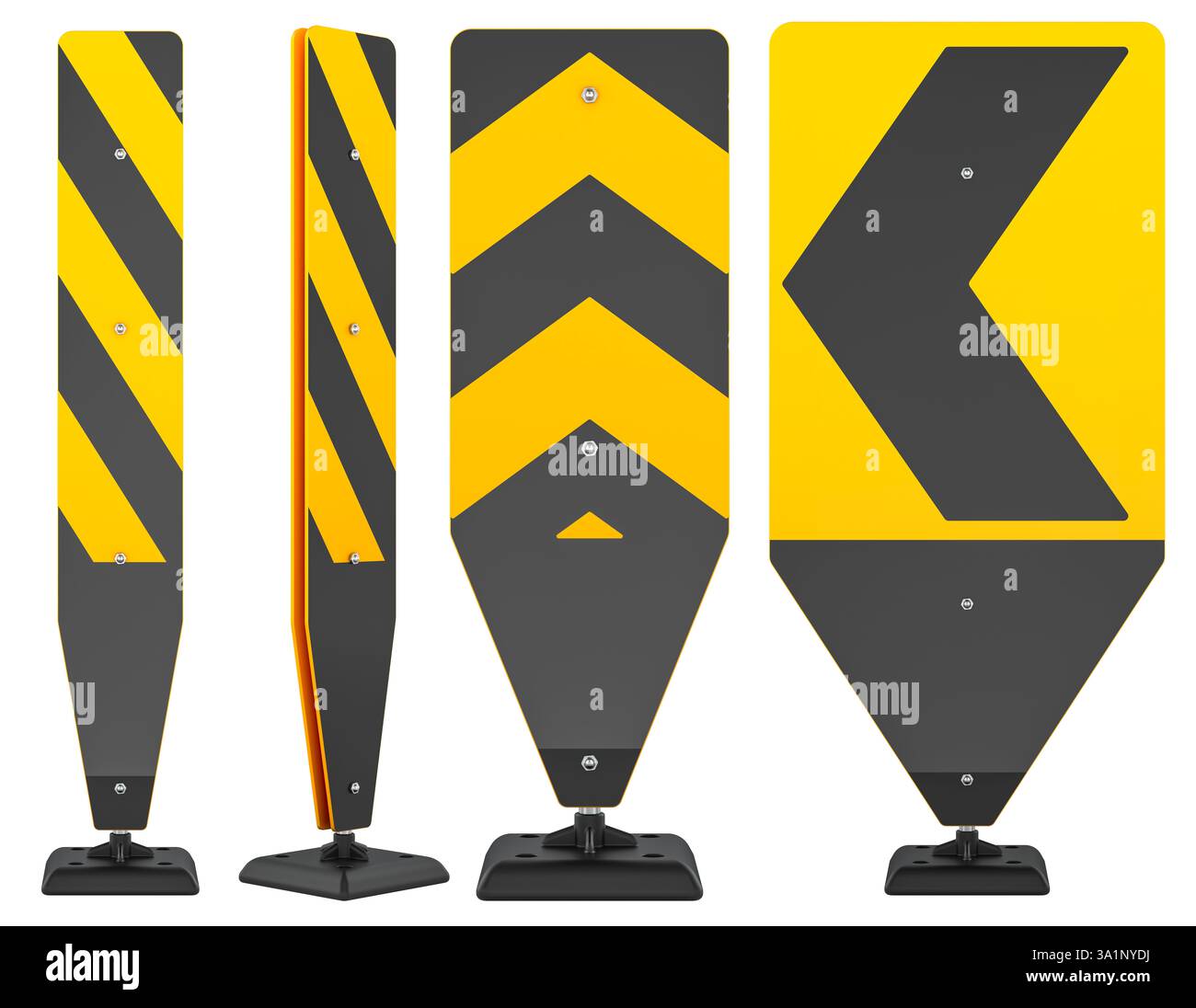Metallic Tubular Reboundable Posts with Hazard Markers, 3D rendering isolated on white ...