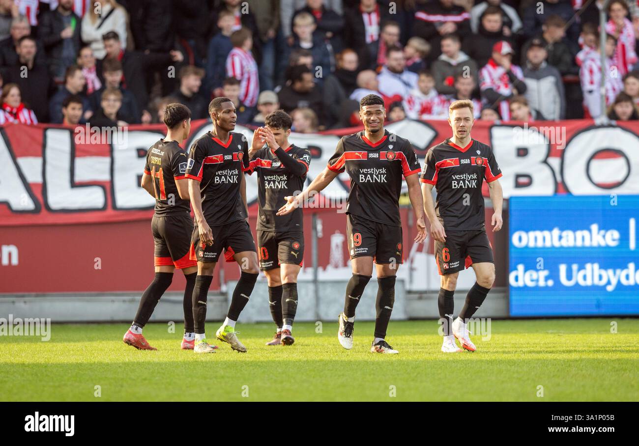 Aalborg, Denmark. 09th Mar, 2025. Dario Osorio (11) of FC Midtjylland scores for 1-3 during the ...