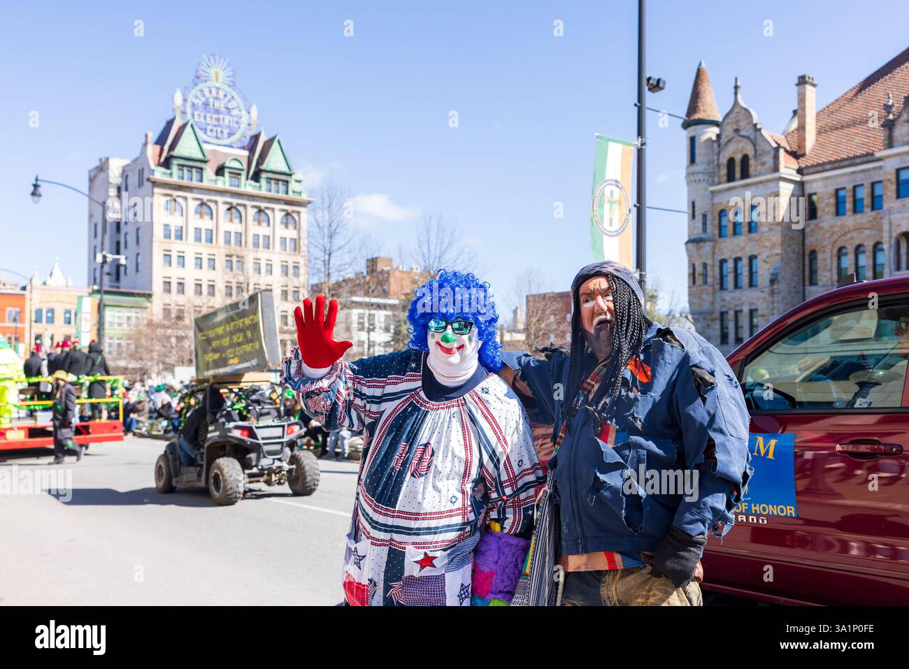 Scranton, PA - March 8, 2025 : St Patrick's Parade, Two clowns are ...