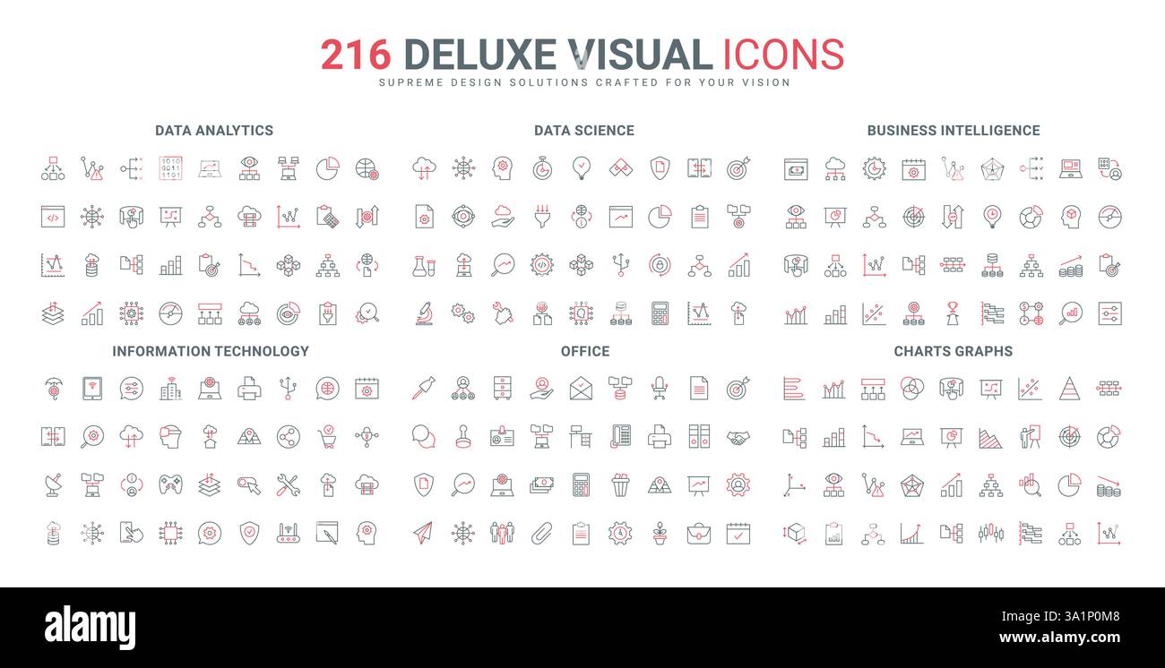 Data science research, business process and intelligence line icon set ...
