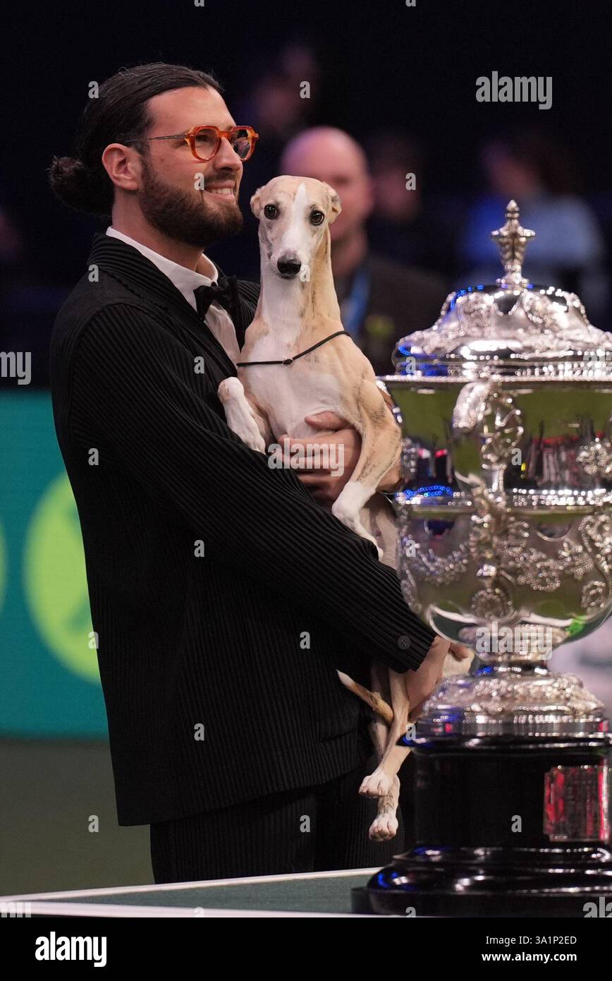 Giovanni Liguori from Italy with whippet Miuccia, winner of the Best in Show final at the Crufts ...