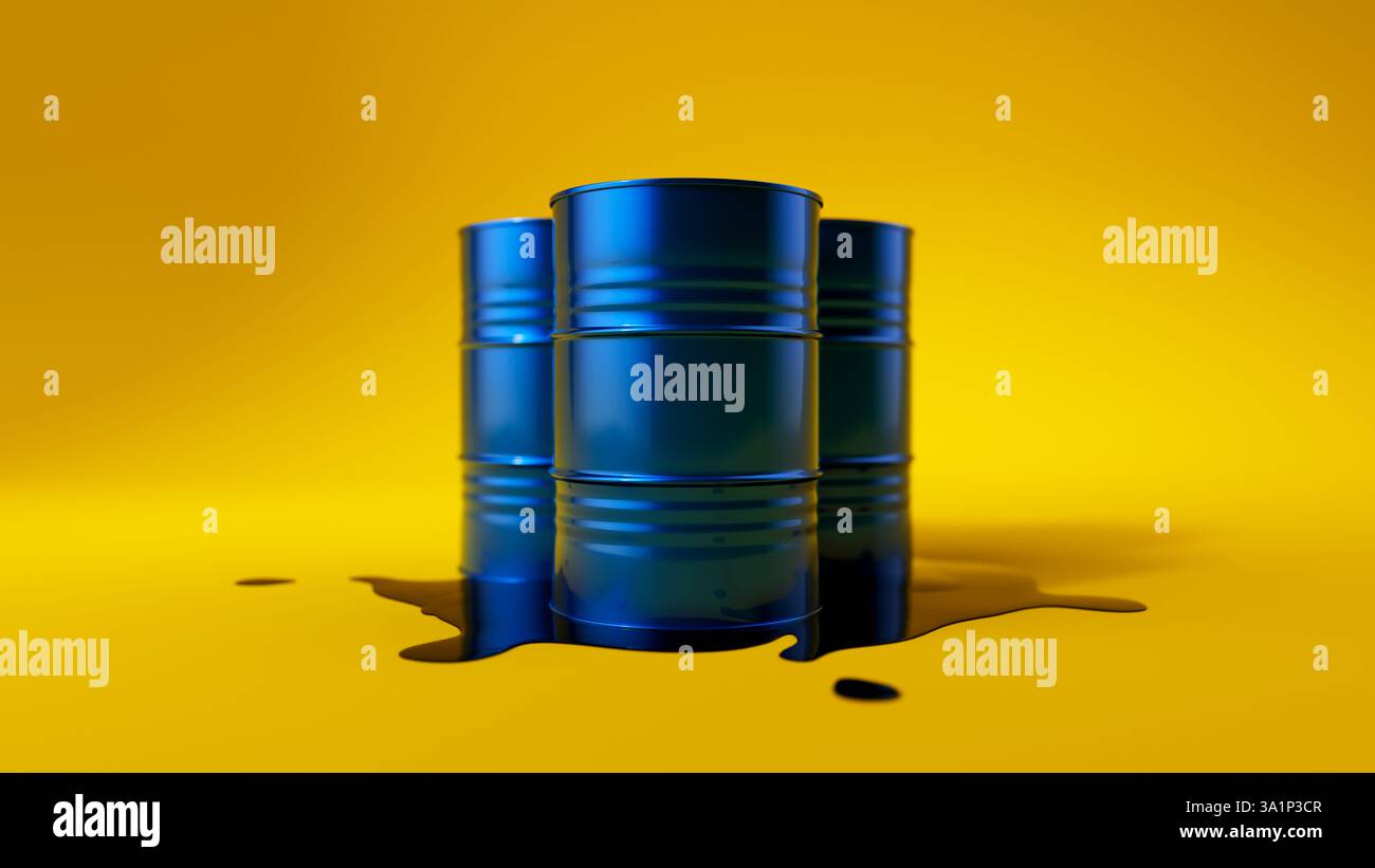Three blue metal oil barrels stand on spilled puddle of crude oil on yellow background. Black ...
