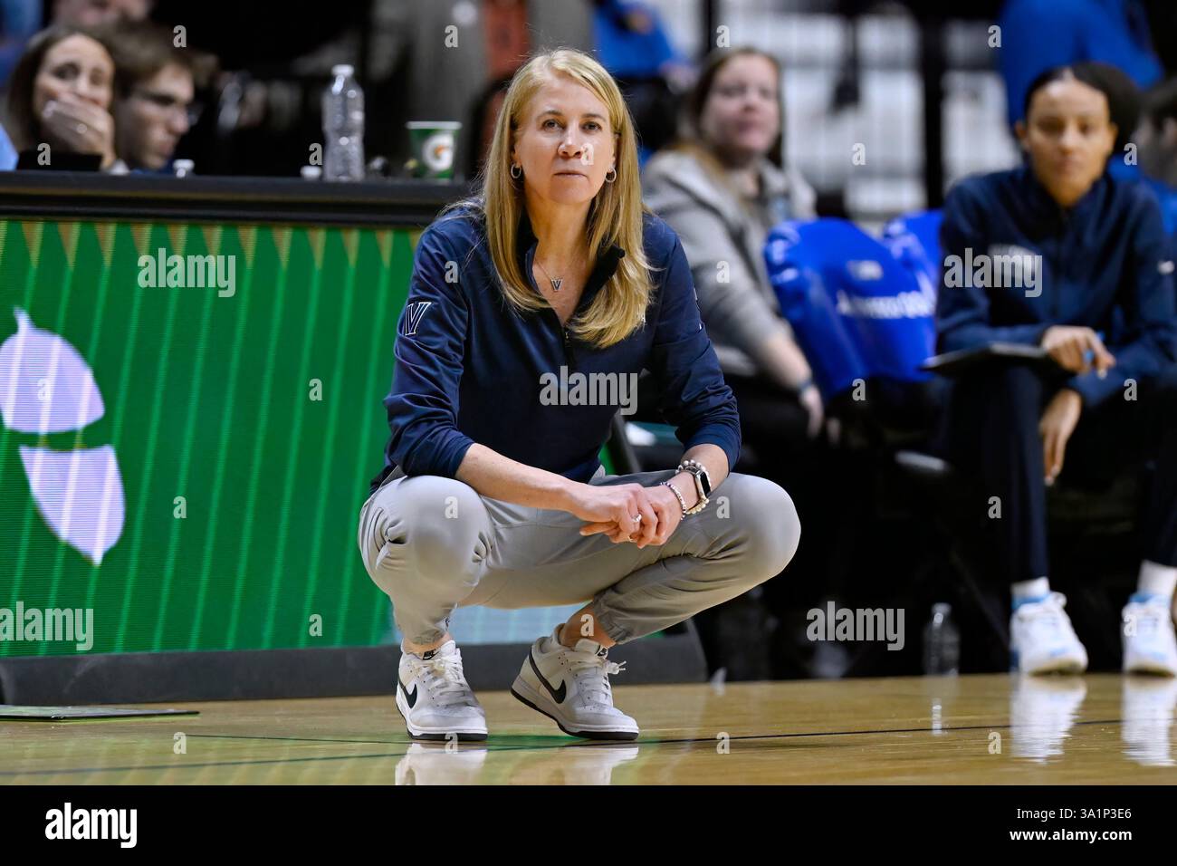 Villanova head coach Denise Dillon watches play during the first half ...