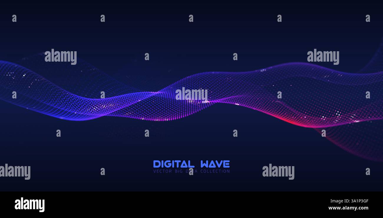 Abstract digital audio wave of particles with bokeh. Futuristic AI technology. Cyber data flow ...
