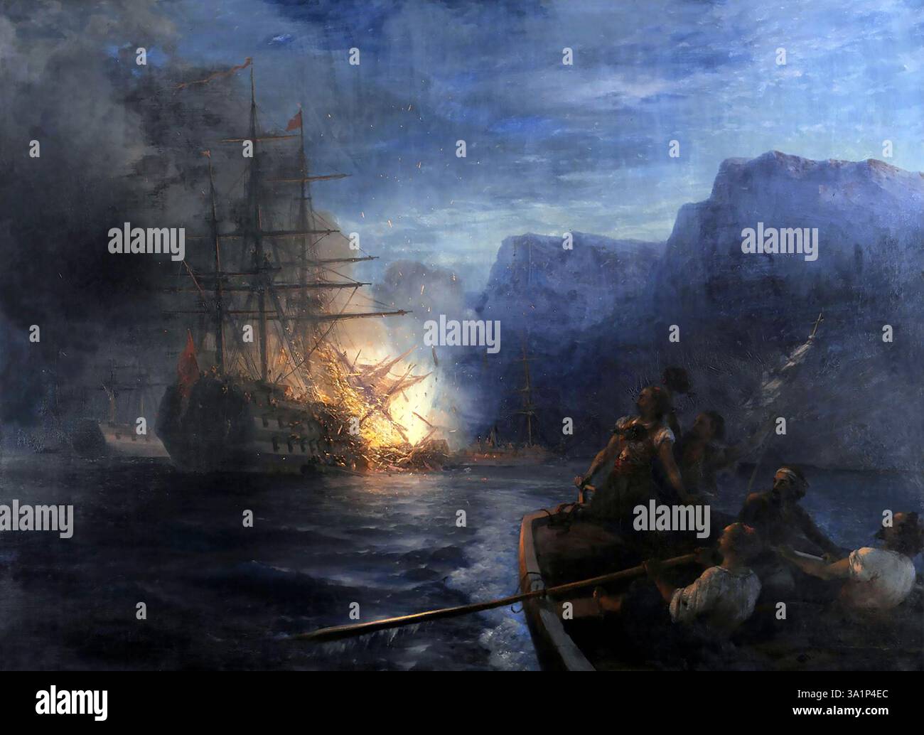 The burning of the Turkish flagship by Kanaris (1881) Painting by Ivan ...