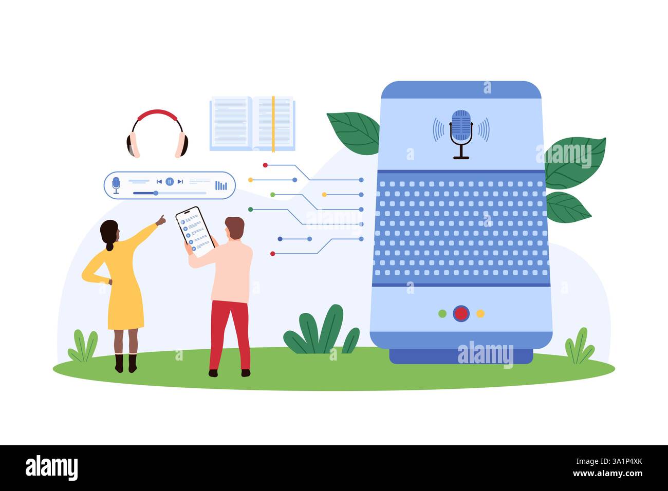 Tiny people interacting with a large voice assistant device, including ...