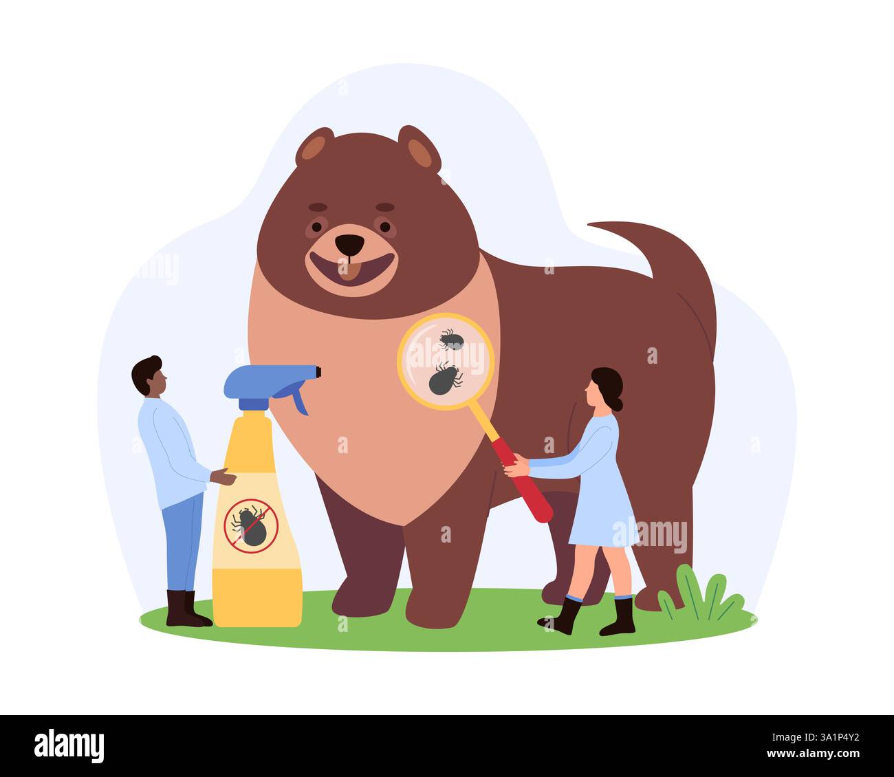 Tiny people performing a flea check-up on a giant dog using a ...