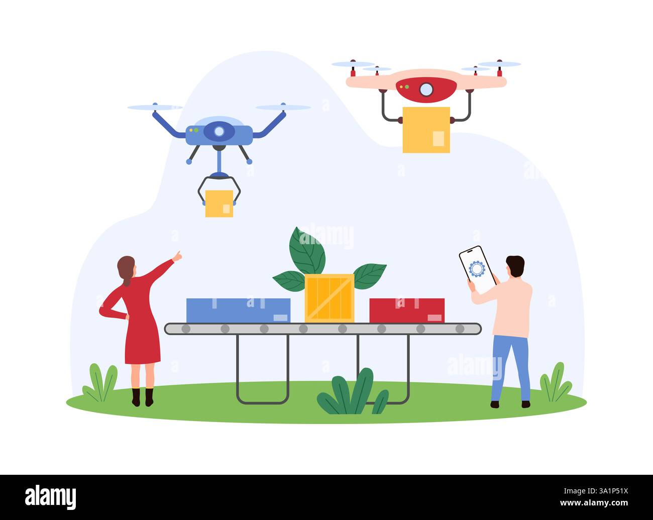 Smart factory warehouse, autonomous robot transportation and logistics, goods distribution. Tiny ...