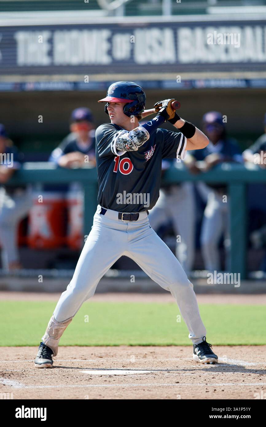 Grady Emerson (10) (Argyle, TX) at bat during the USA Baseball 18U ...