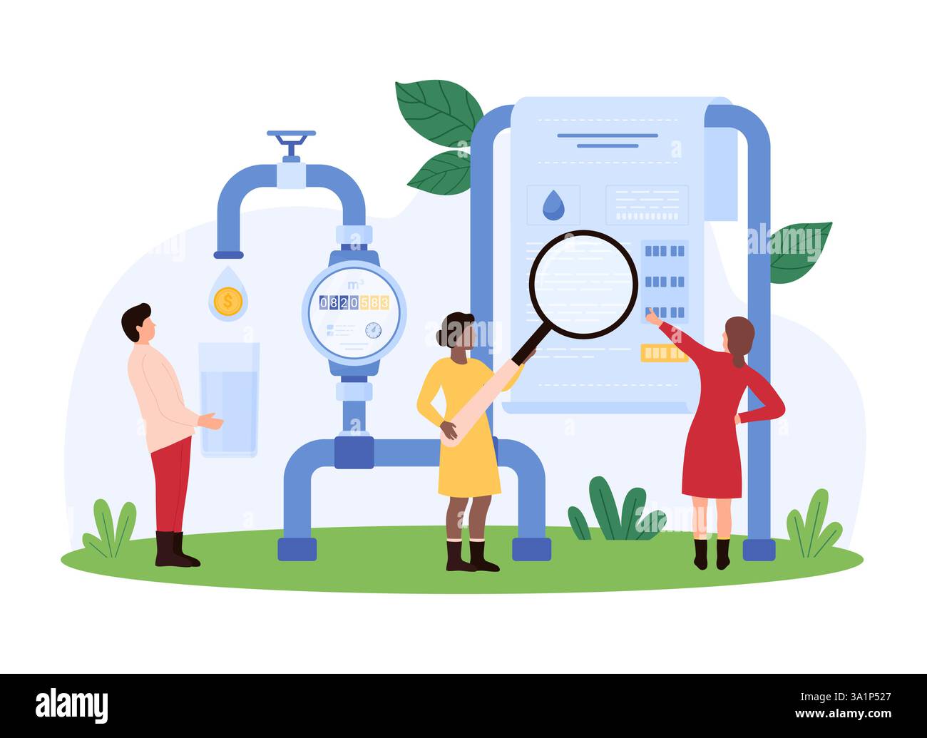 Tiny people managing water utility bills using a large meter and bill statement, representing ...