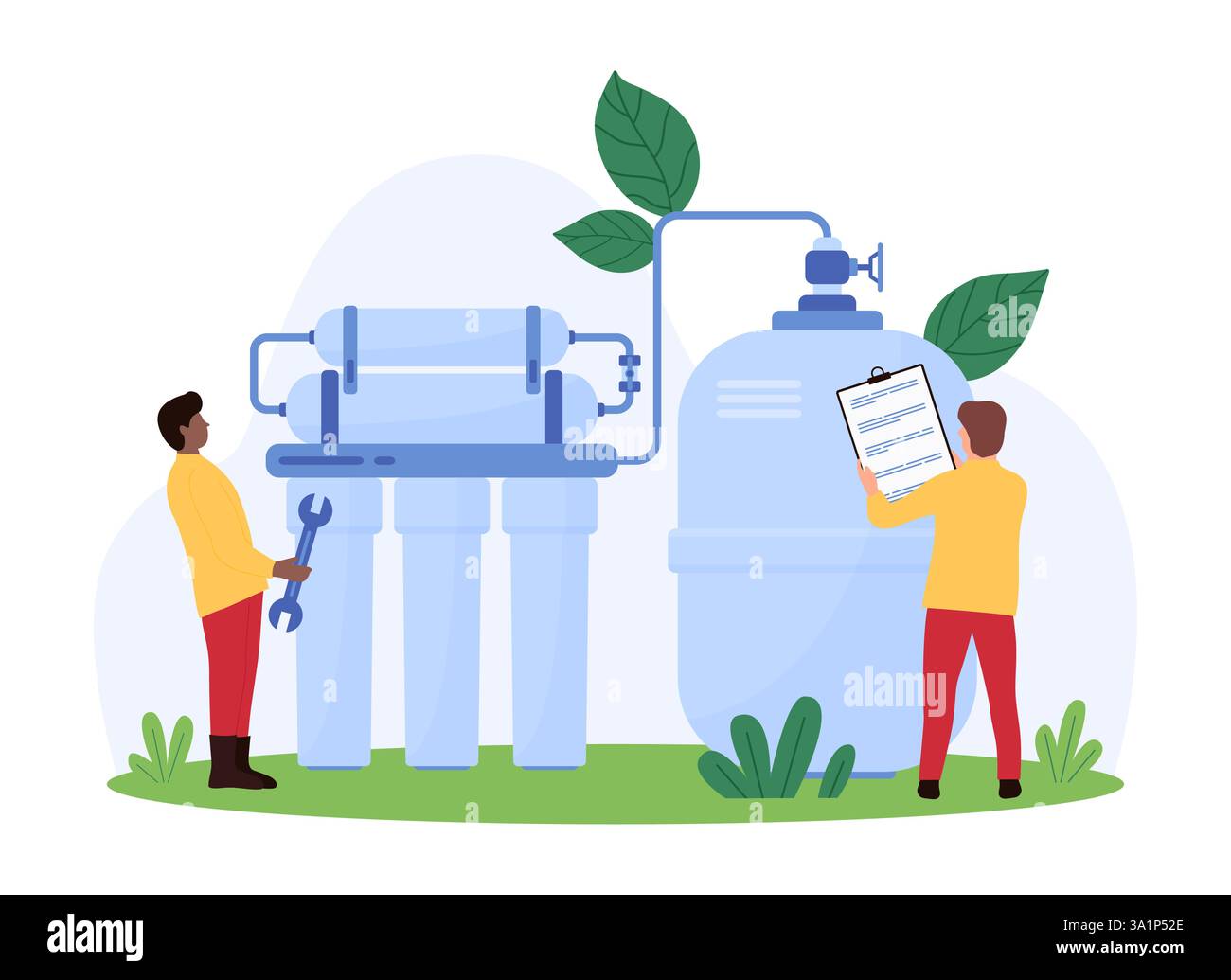 Tiny people installing and maintaining a water purification system with ...
