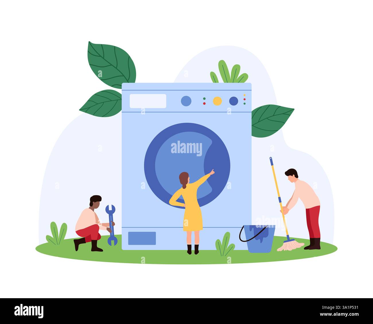 Tiny people repairing a large washing machine, using tools and cleaning ...