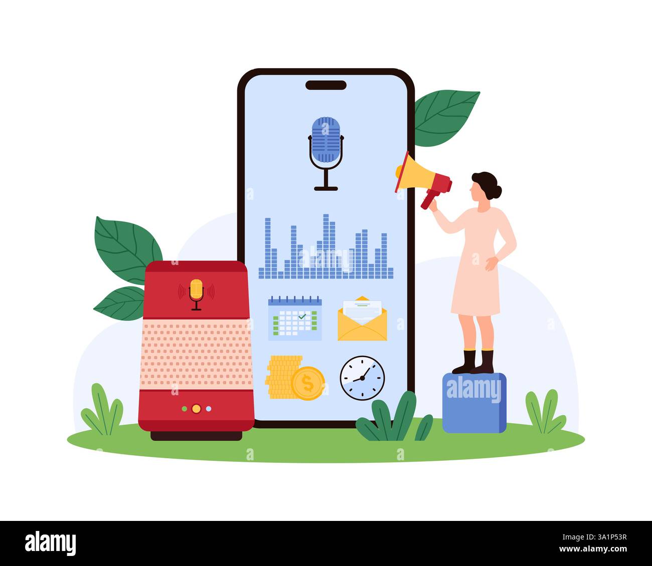 Tiny people interacting with a voice assistant on a large mobile device ...
