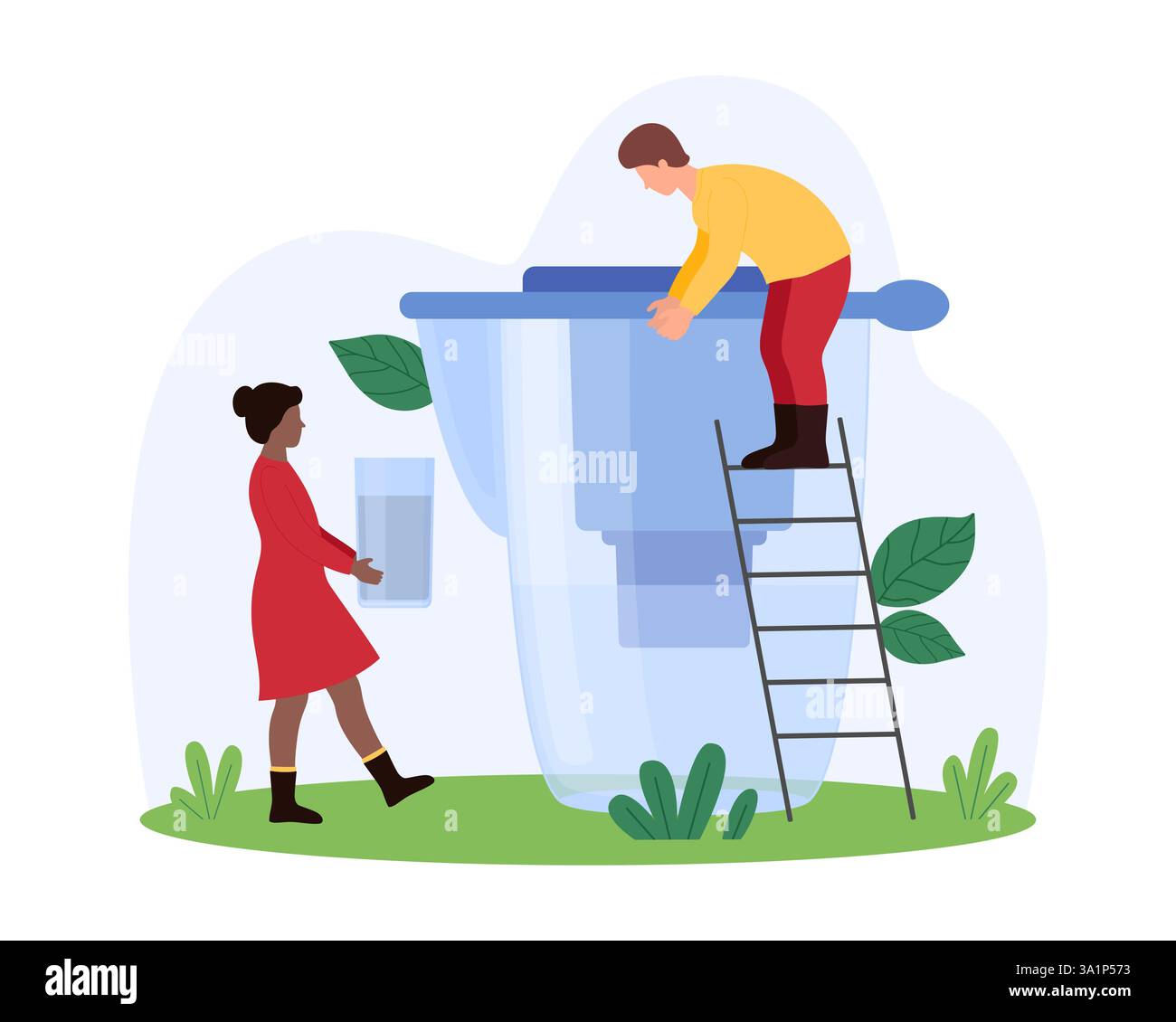 Tiny people interacting with a giant water filter and collecting water ...