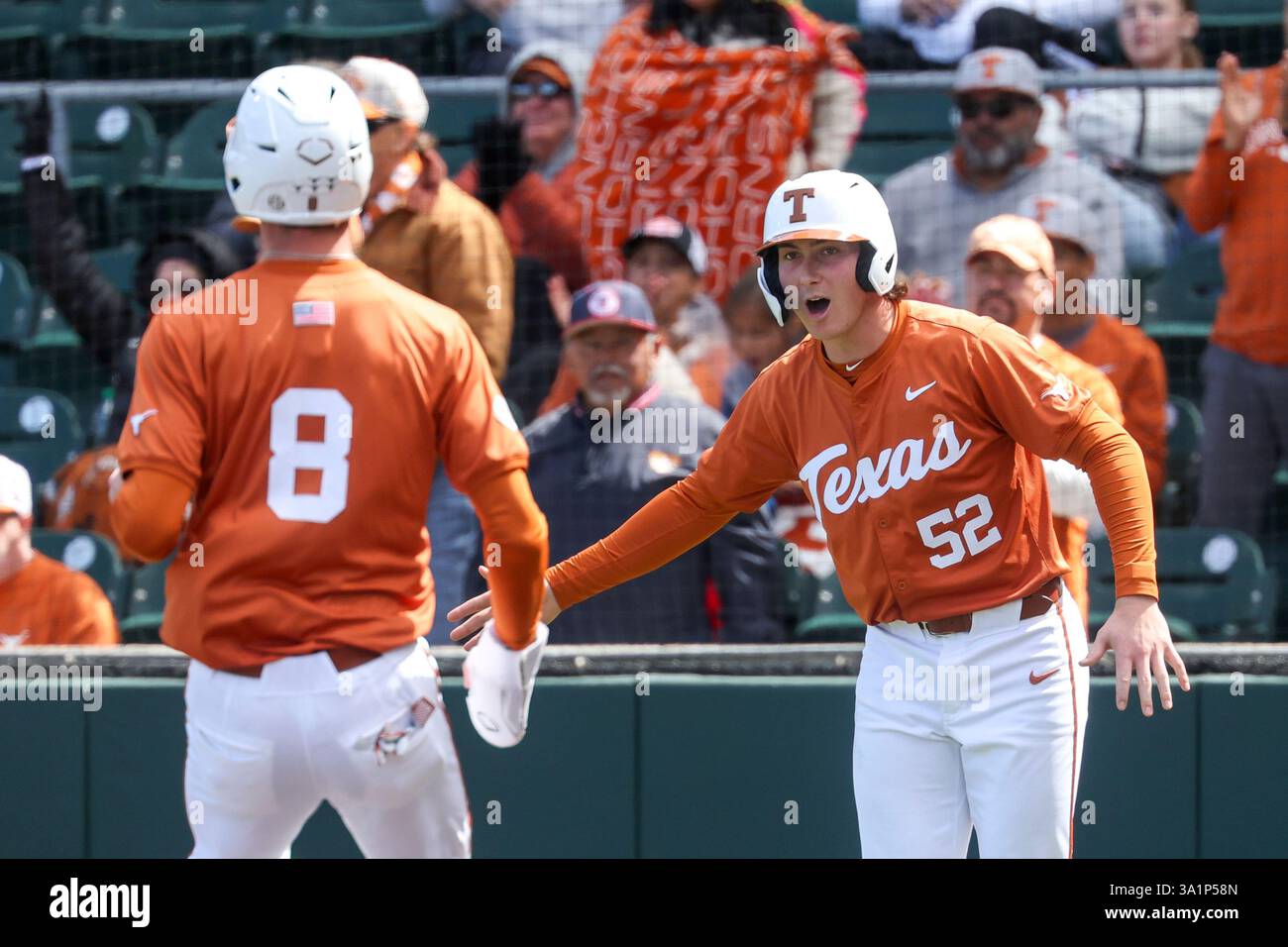 AUSTIN, TX - MARCH 09: Texas catcher Cole Chamberlain (52) screams as ...