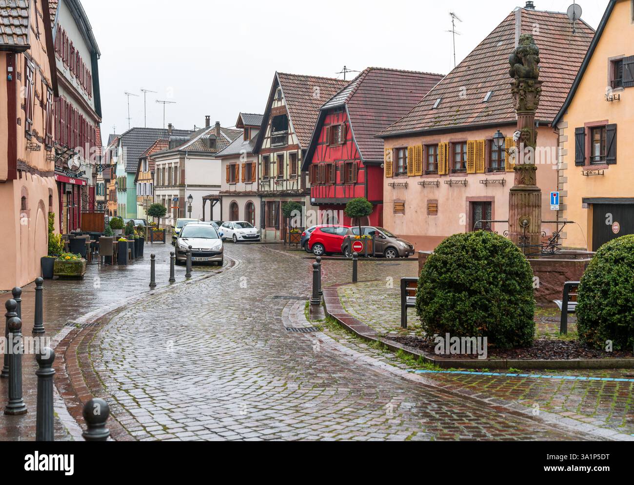 Ribeauville, Alsace, France. Small town on a rainy wet evening with ...