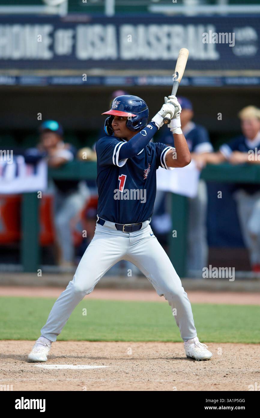 Dean Moss (1) (Antherton, CA) at bat during the USA Baseball 18U ...