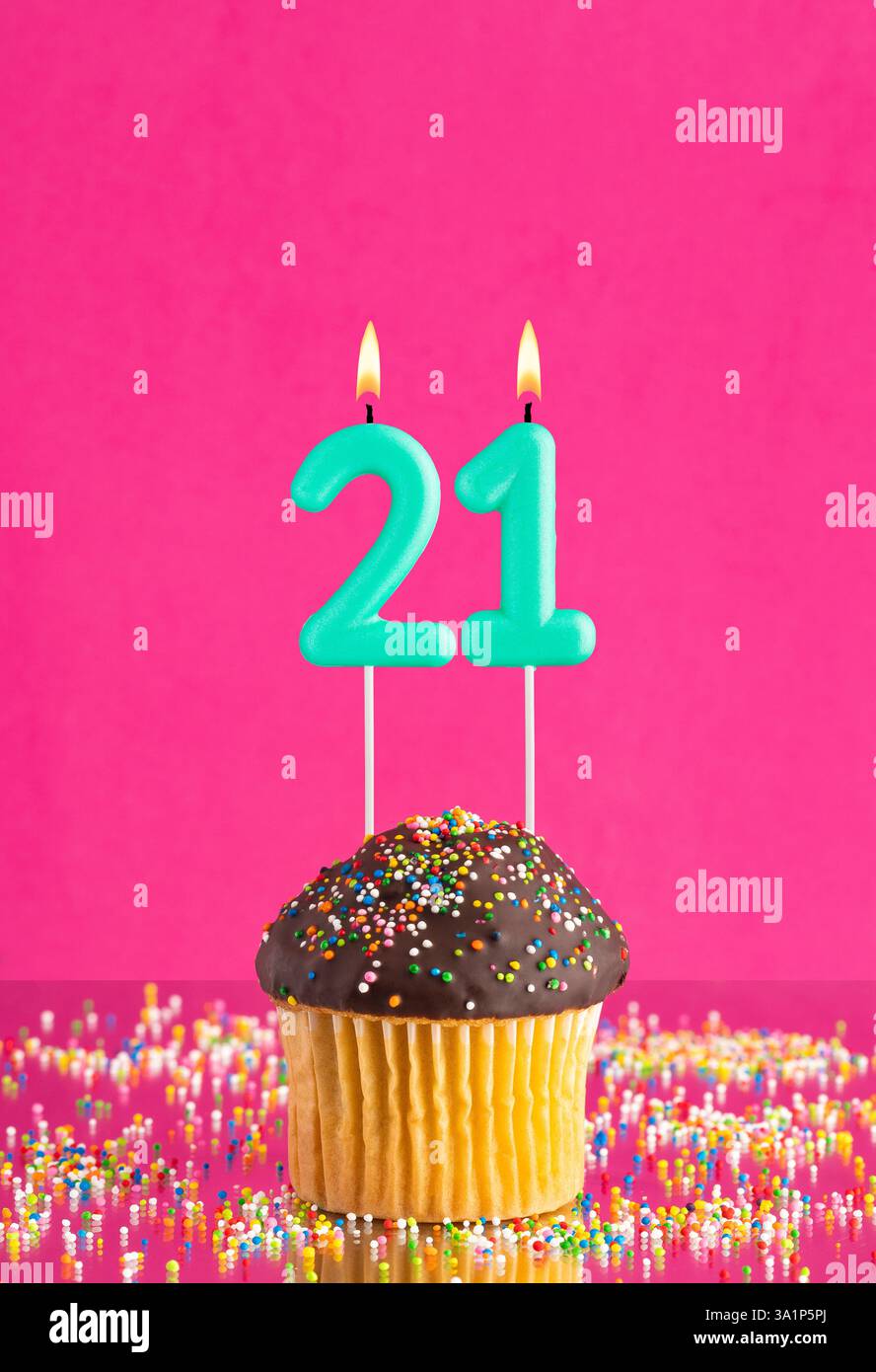 Birthday cupcake with number 21 candle - Celebration card on fuchsia ...