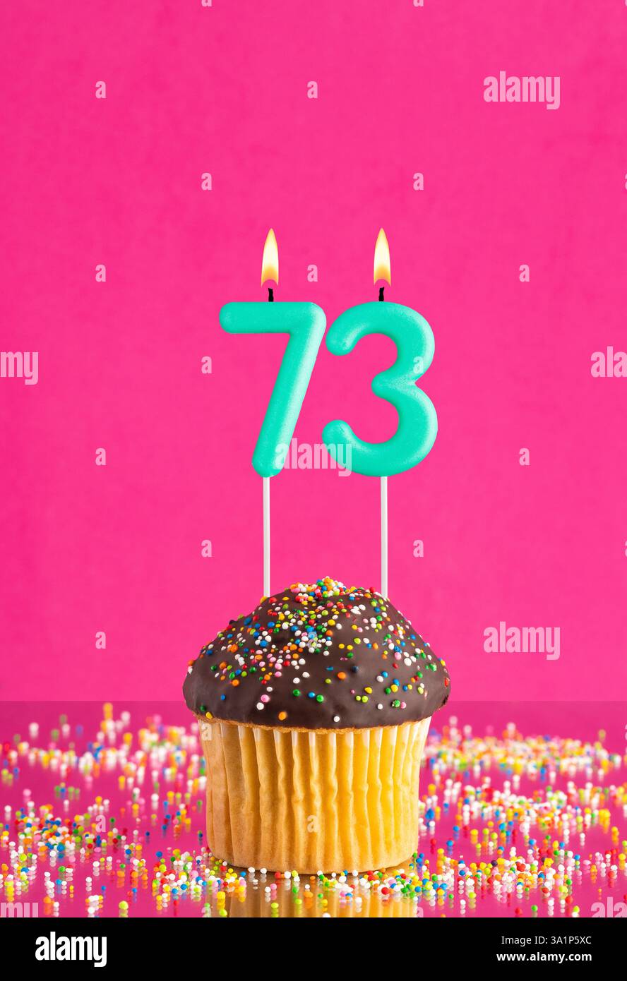 Birthday cupcake with number 73 candle - Celebration card on fuchsia ...