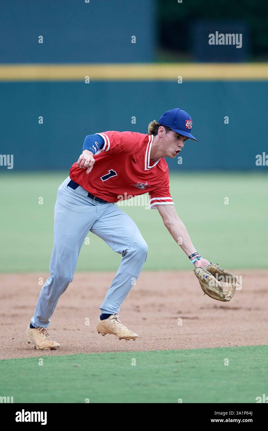 Steele Hall (1) (Trussville, AL) fields a ground ball during the USA ...