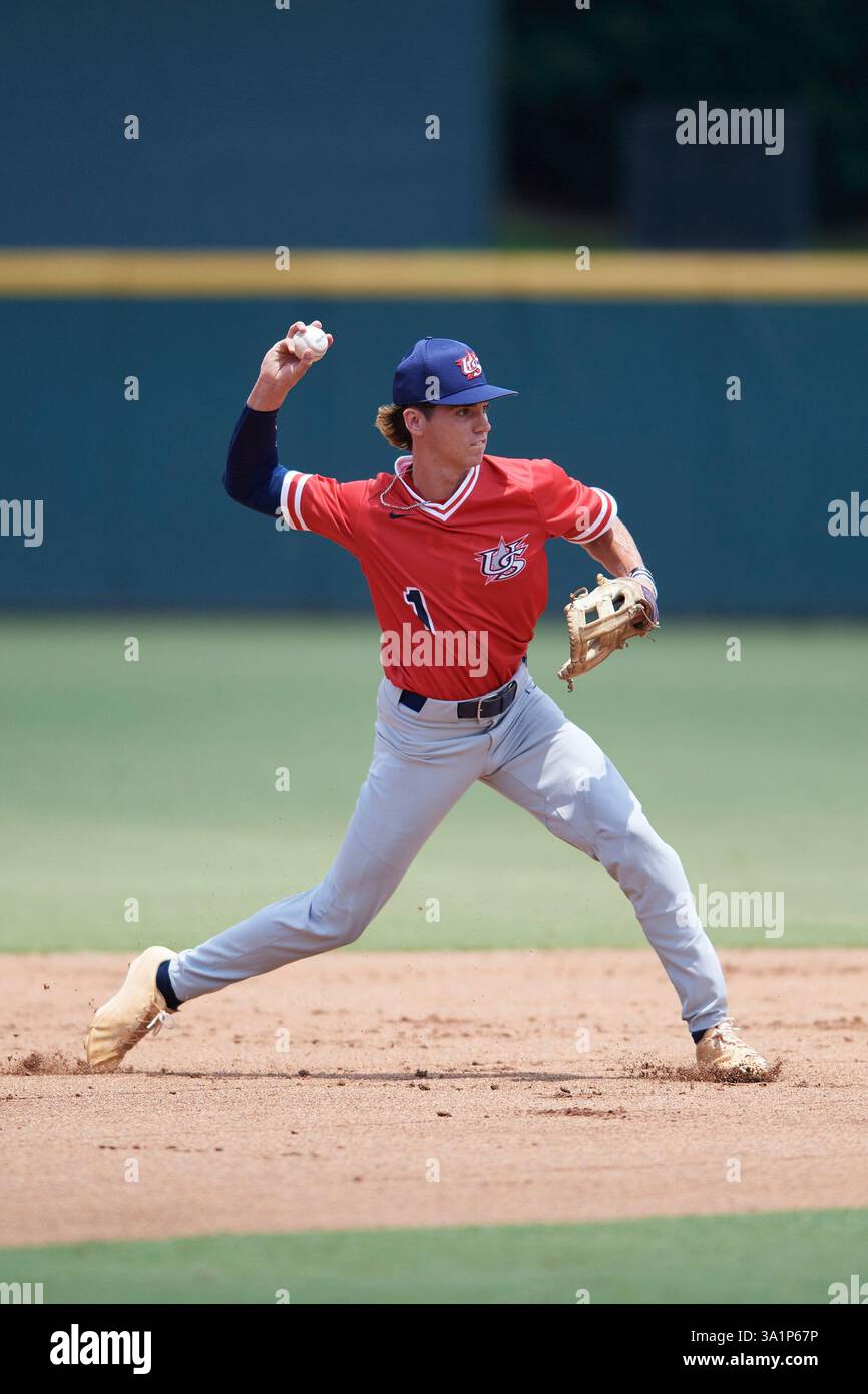 Steele Hall (1) (Trussville, AL) throws to first base during the USA ...
