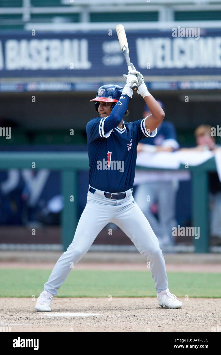 Dean Moss (1) (Antherton, CA) at bat during the USA Baseball 18U ...