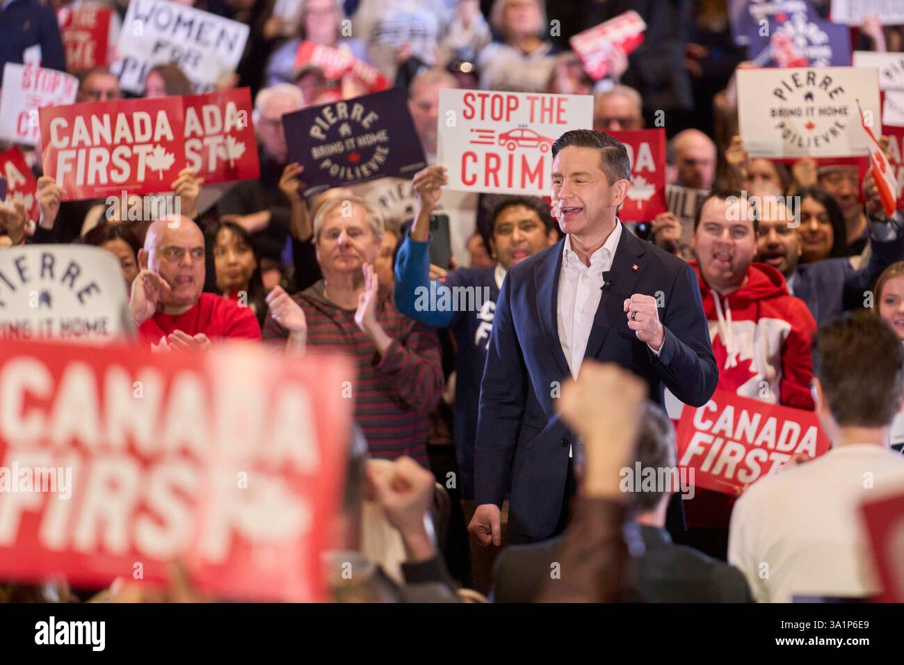 Conservative leader Pierre Poilievre speaks during a rally in London ...