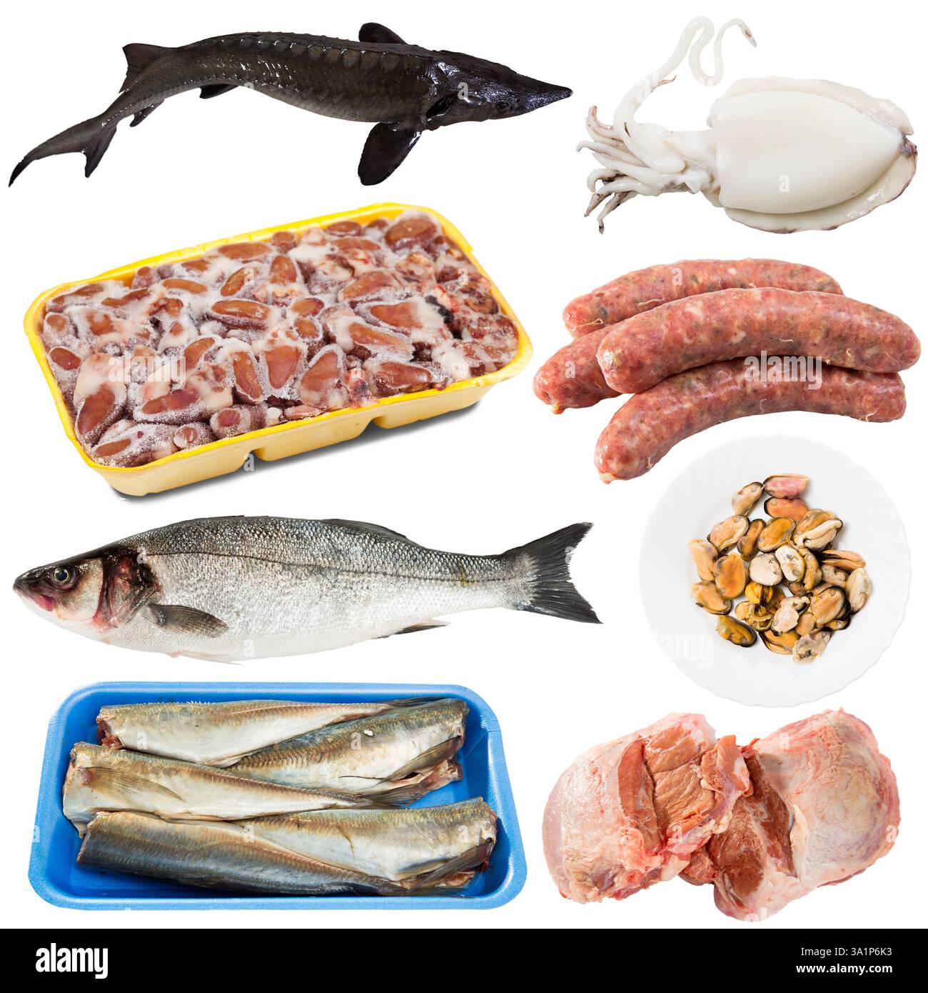 Raw meat and seafood products Stock Photo - Alamy