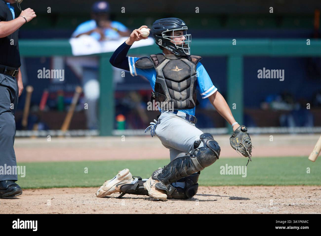 Landon Hodge (3) (Aqua Dulce, CA) throws back to the pitcher during the ...