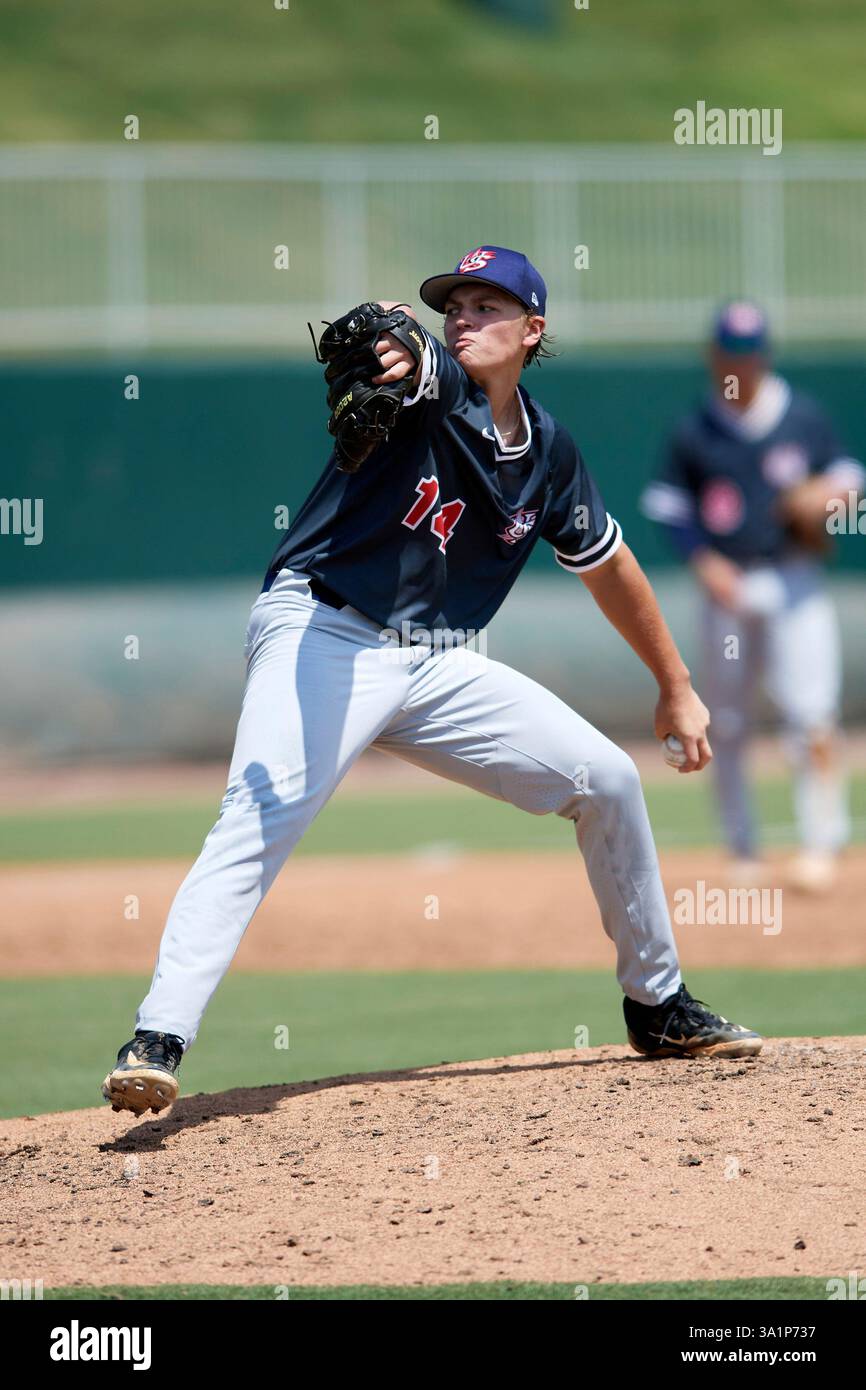 Alex Barr (14) (Demotte, IN) delivers a pitch during the USA Baseball ...