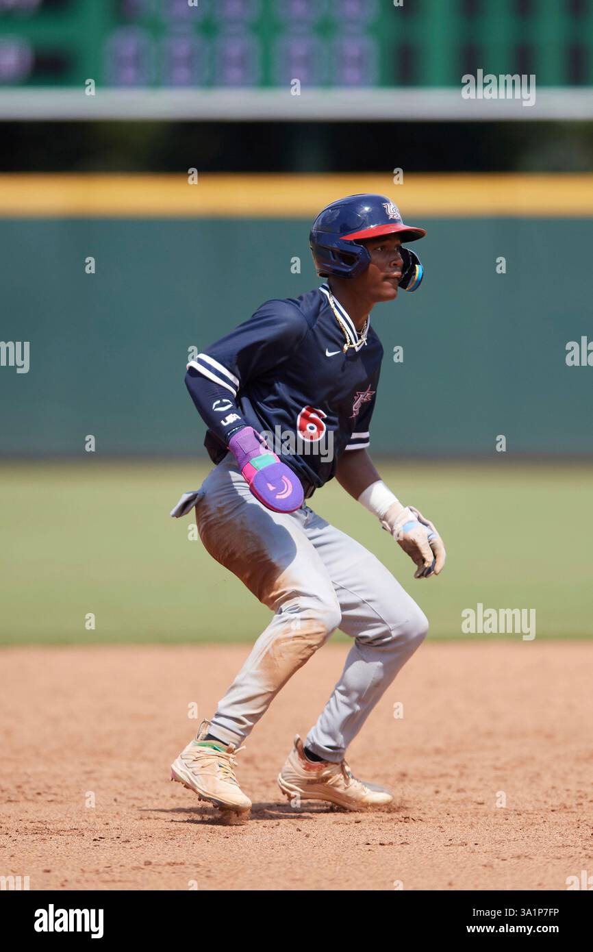 Eli Pitts (6) (Lilburn, GA) leads off second base during the USA ...