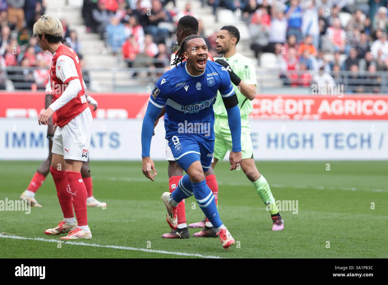 Thelonius Theo Bair of Auxerre celebrates his goal during the French ...