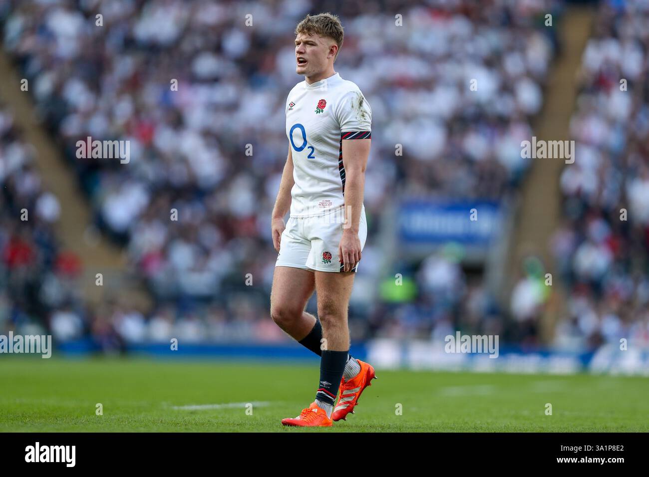 Fin Smith of England reacts during the 2025 Guinness 6 Nations match ...