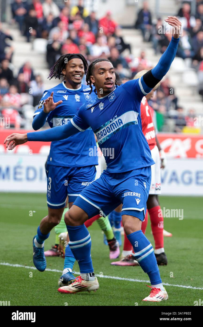 Thelonius Theo Bair of Auxerre celebrates his goal with Gabriel Osho ...