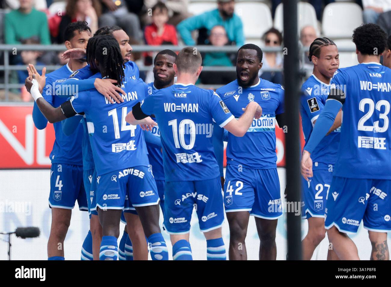Reims, France. 09th Mar, 2025. Thelonius Theo Bair of Auxerre (L ...