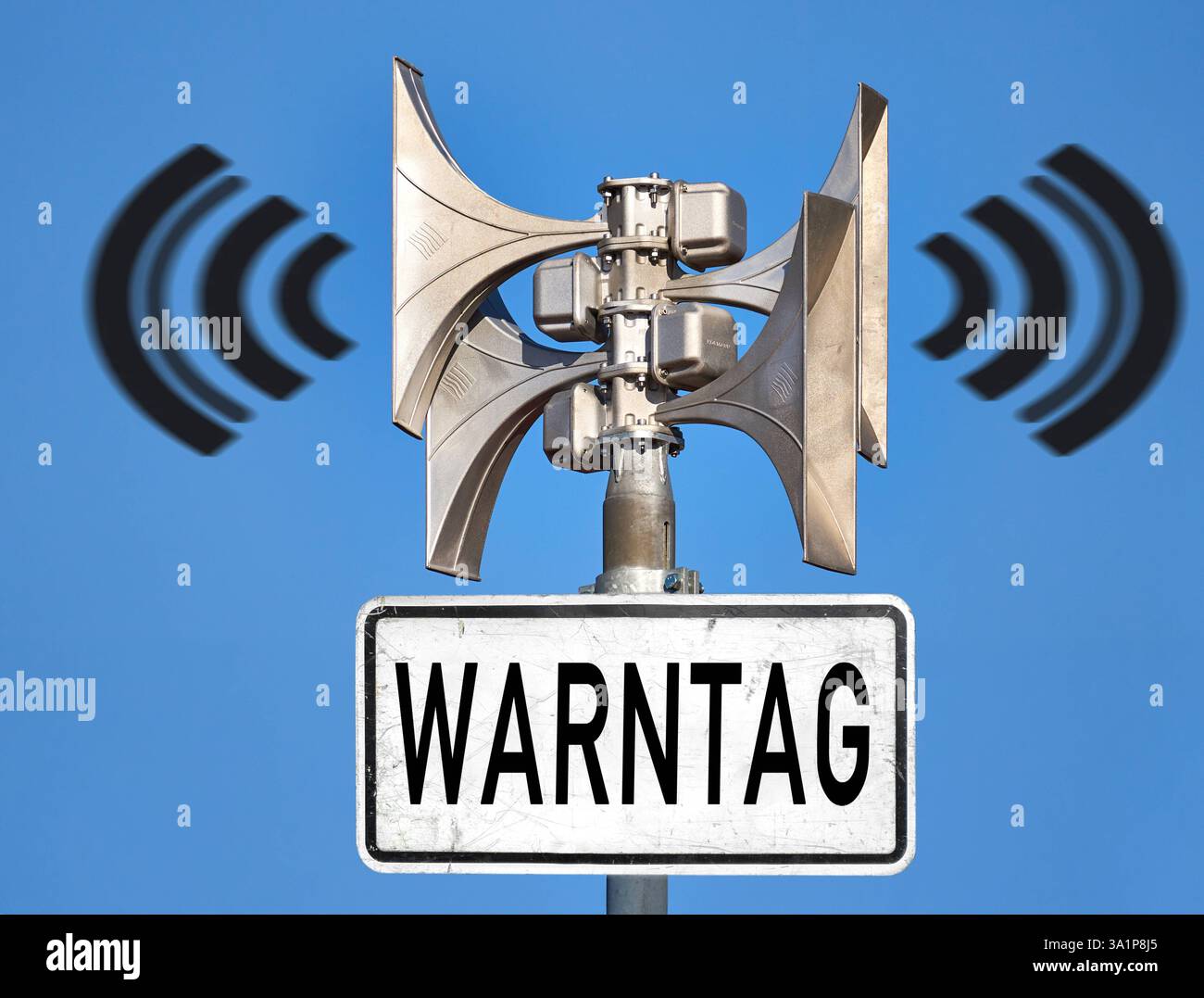 Bavaria, Germany - March 9, 2025: PHOTOMONTAGE, a siren gives an ...