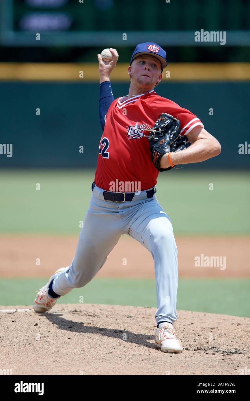 Zane Burns (12) (Chandler, AZ) delivers a pitch during the USA Baseball ...