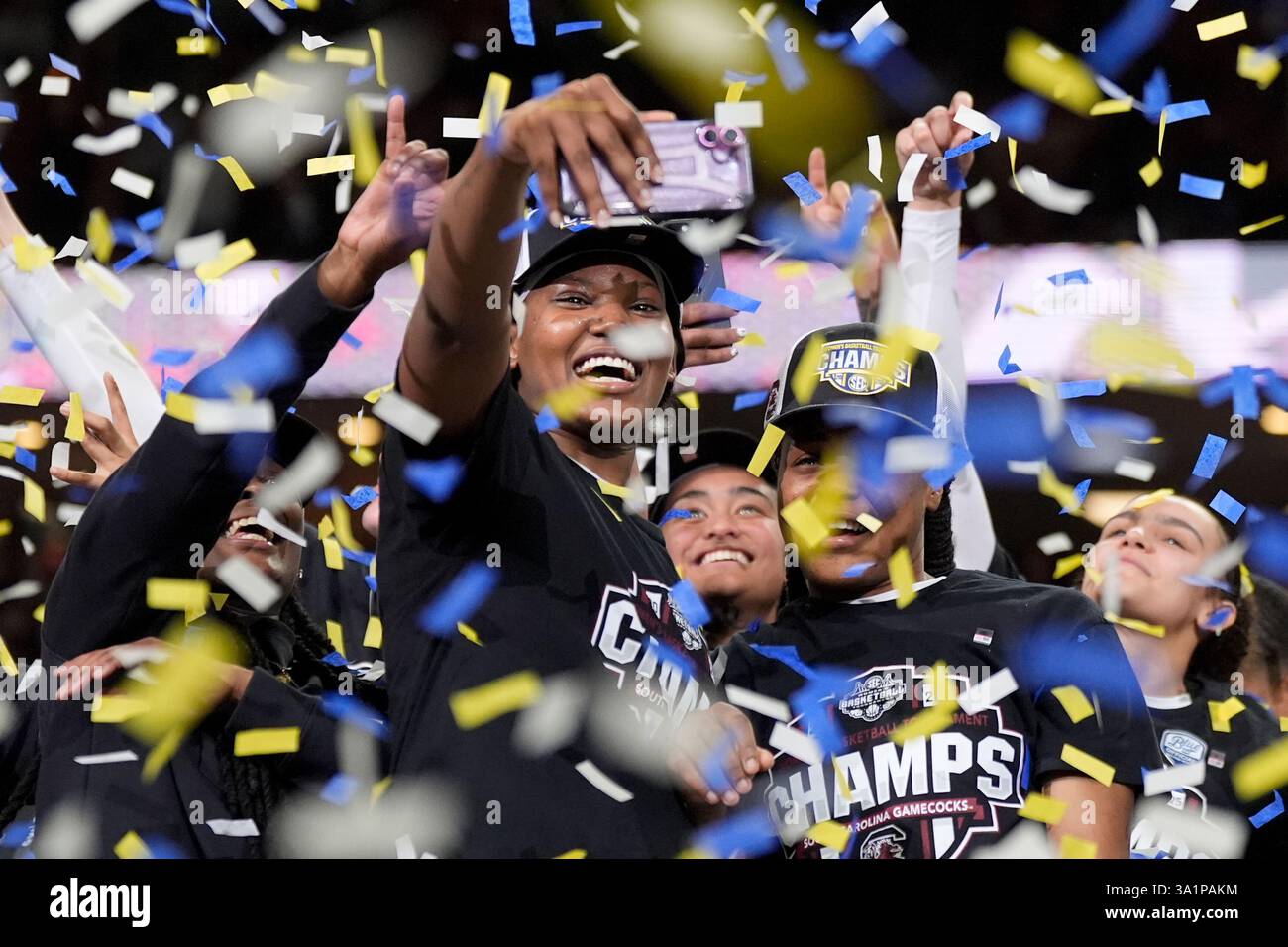 South Carolina forward Sania Feagin takes a selfie after their win ...