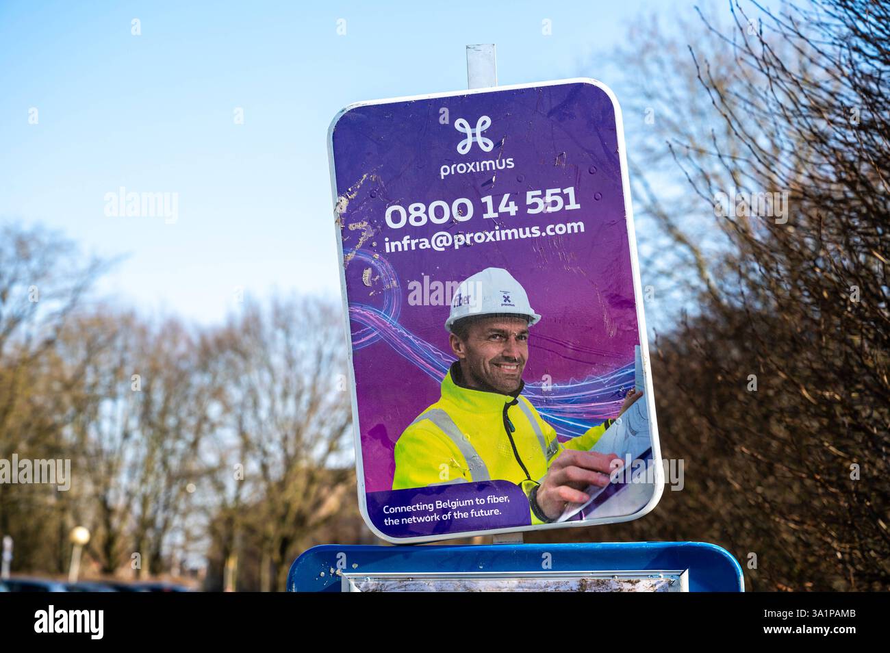Sign of Proximus road works for the fiber infrastructure installation ...