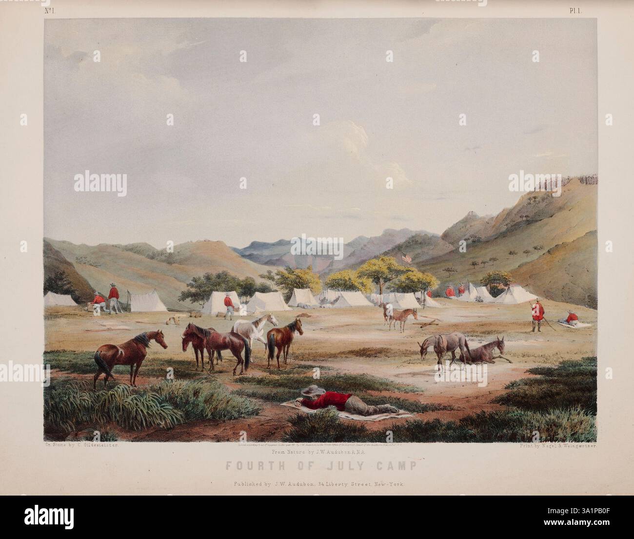 Fourth of July Camp. Vintage lithograph from expedition through mexico ...