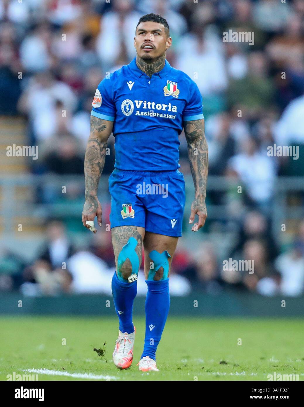 Monty Ioane of Italy looks on during the 2025 Guinness 6 Nations match ...