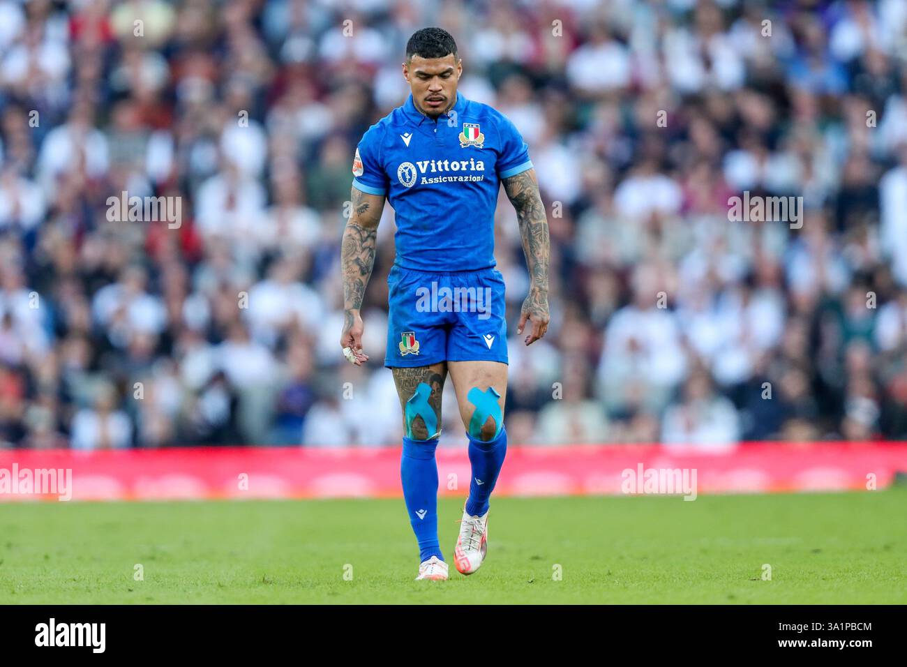 Monty Ioane of Italy looks dejected during the 2025 Guinness 6 Nations ...
