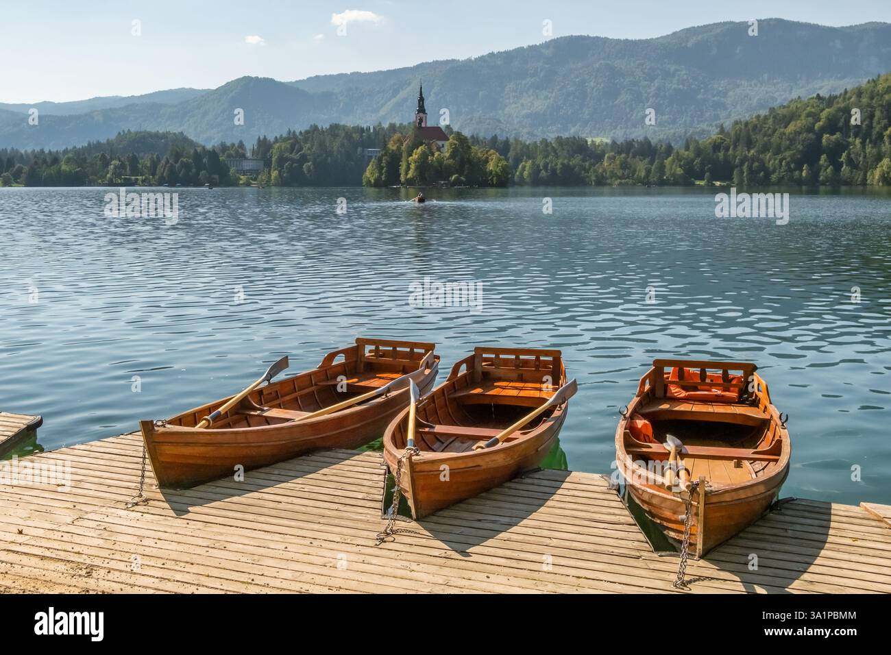 Traditional wooden Pletna boat moored on the shore of Lake Bled ...