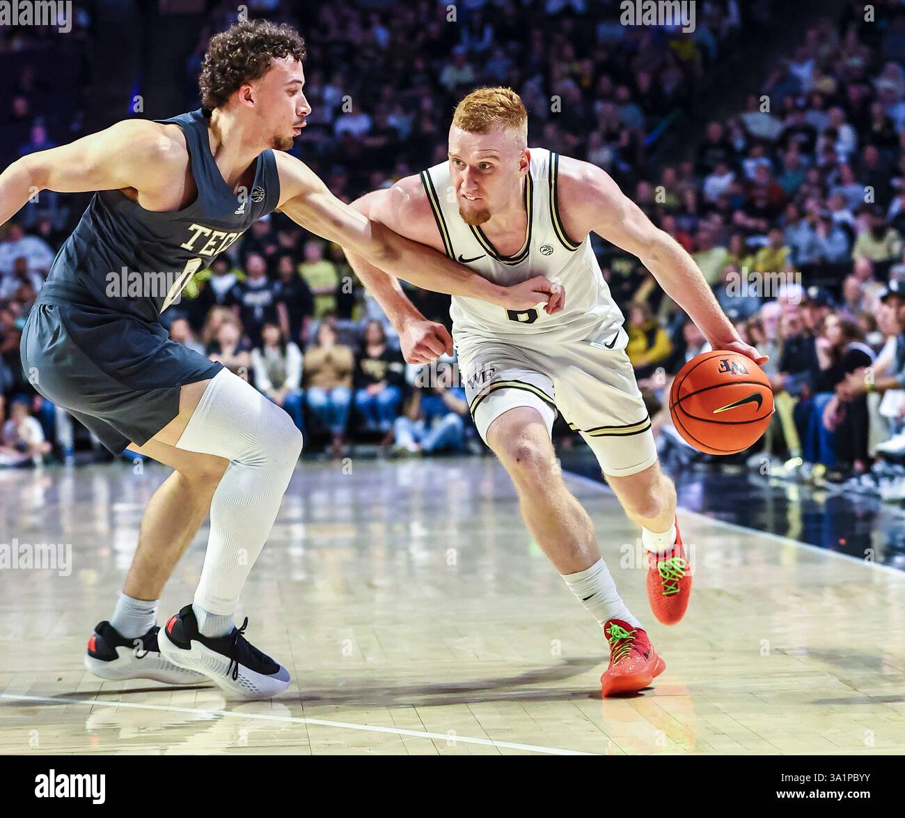 March 8, 2025: Wake Forest guard Cameron Hildreth (6), drives to basket ...