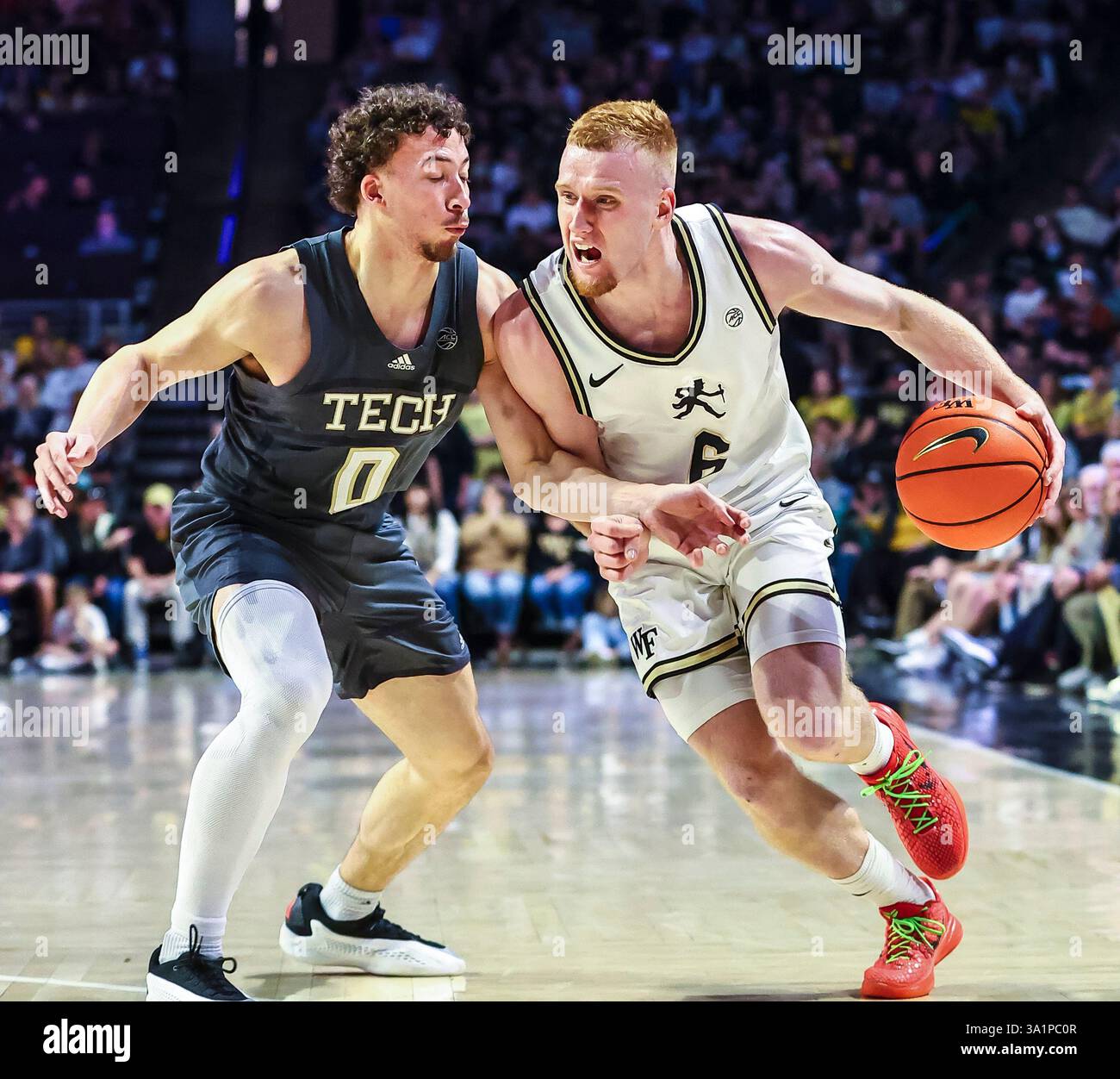 March 8, 2025: Wake Forest guard Cameron Hildreth (6), drives to basket ...