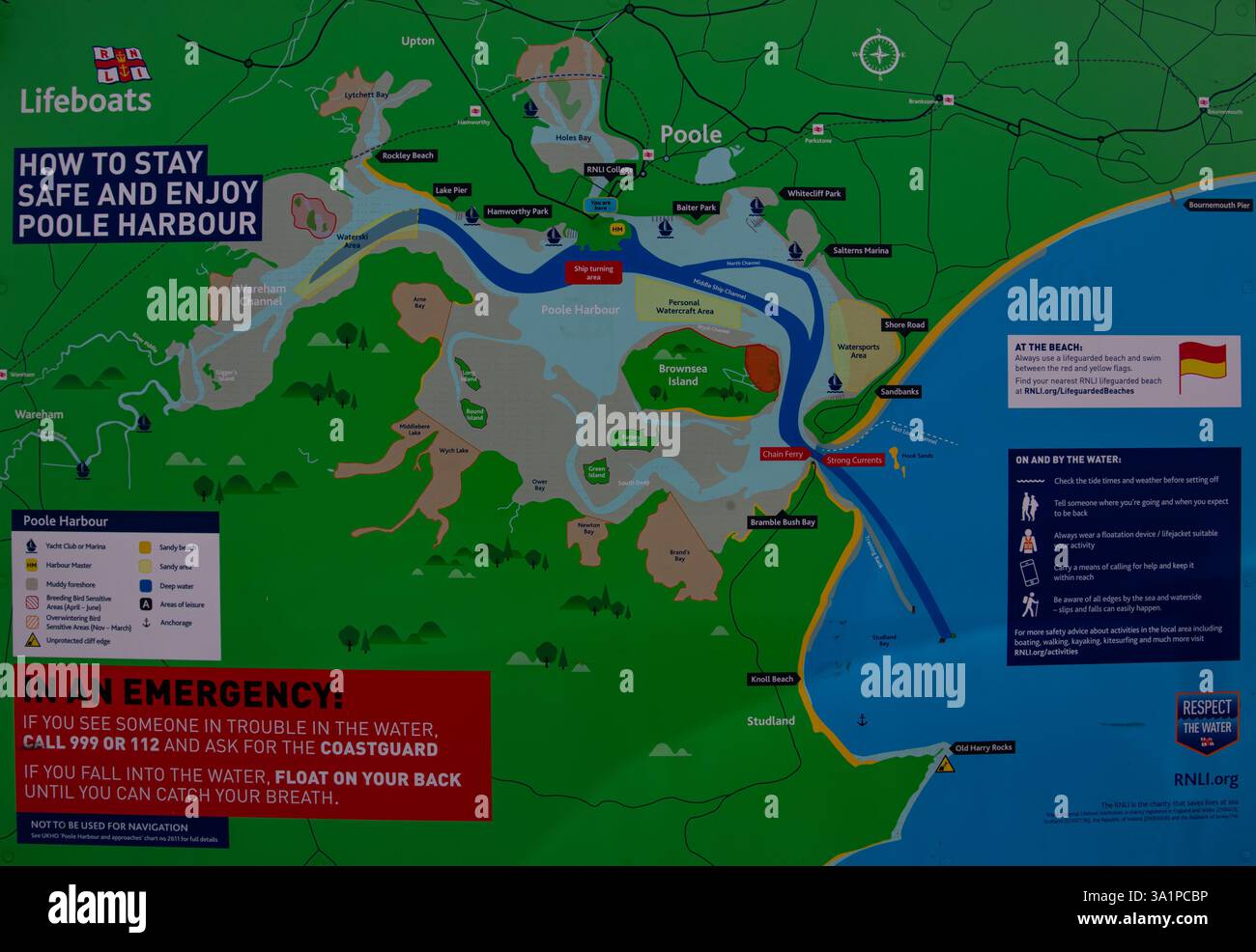 Illustrated safety map of Poole Harbour with emergency contacts and ...