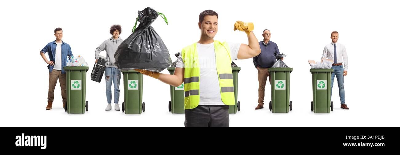 Strong men collecting waste and recycling isolated on white background ...