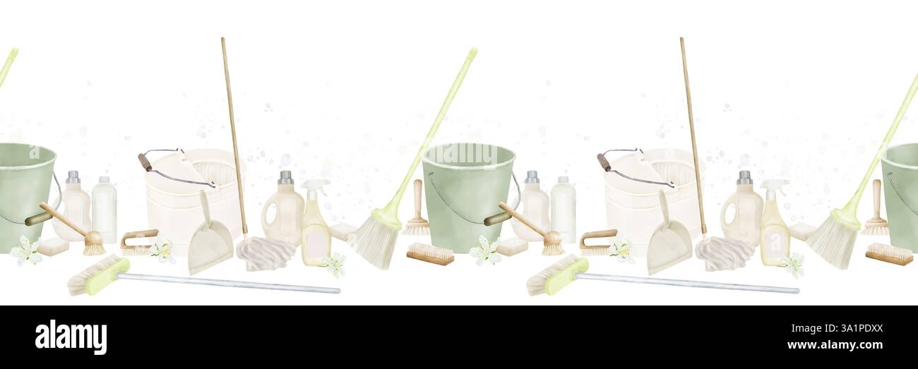 Mop with dustpan and plastic bucket, bottle of detergent and brushes ...