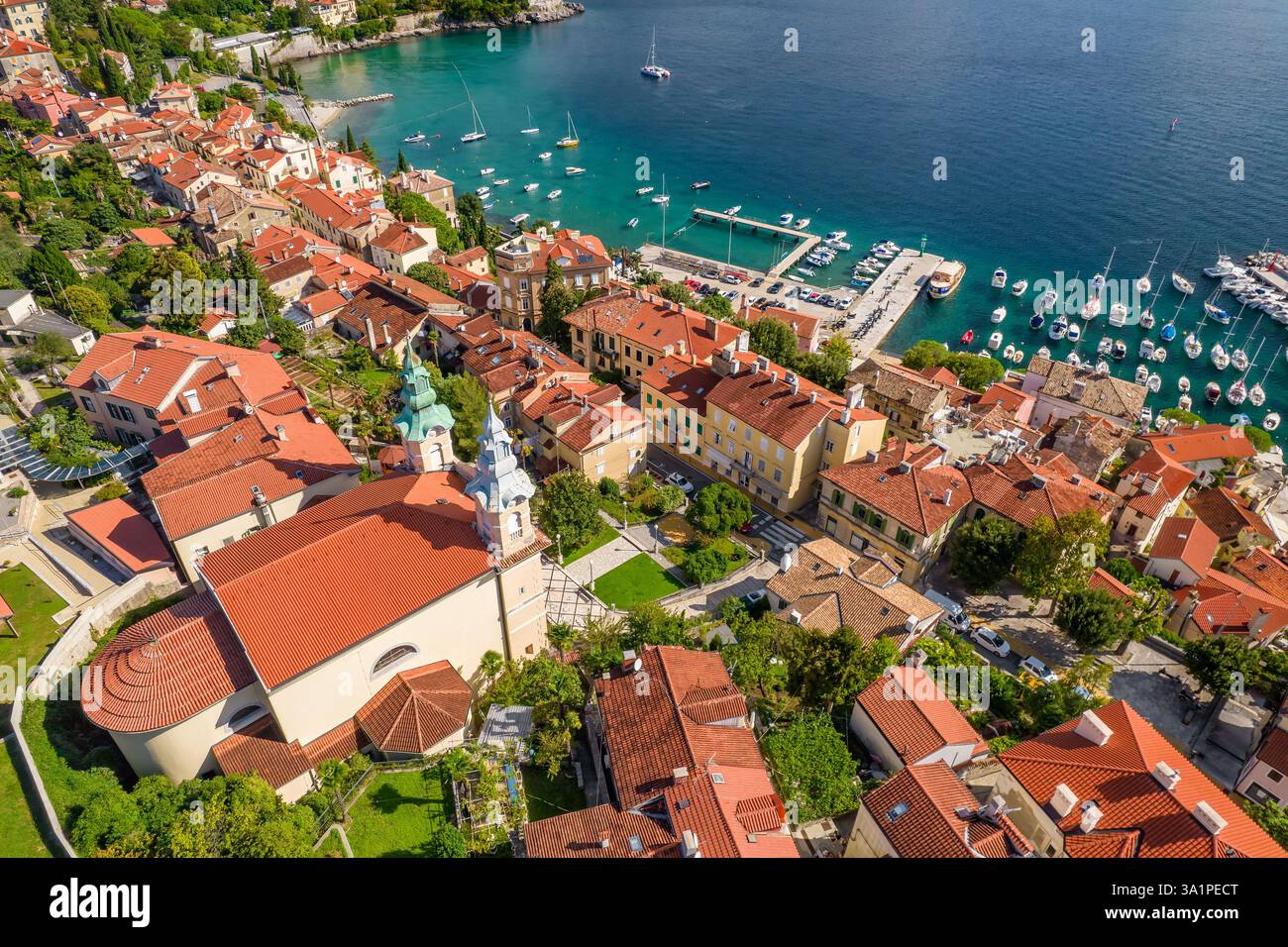 Aerial view of the beautiful seafront in Volosko district of Opatija ...